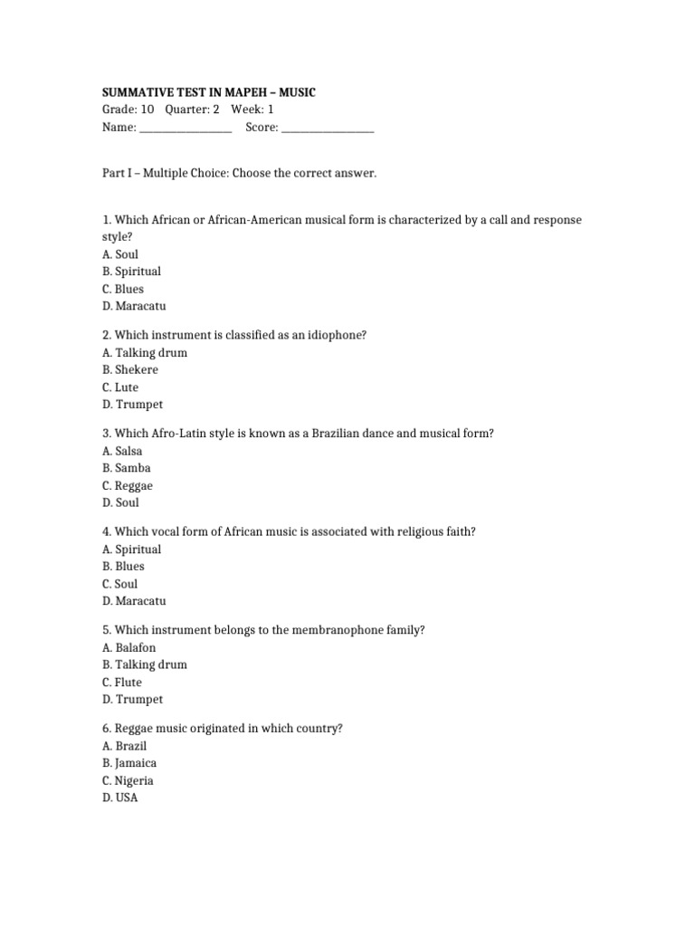 Summ Test Music 10 Q2 W1 | PDF | Reggae | Popular Music
