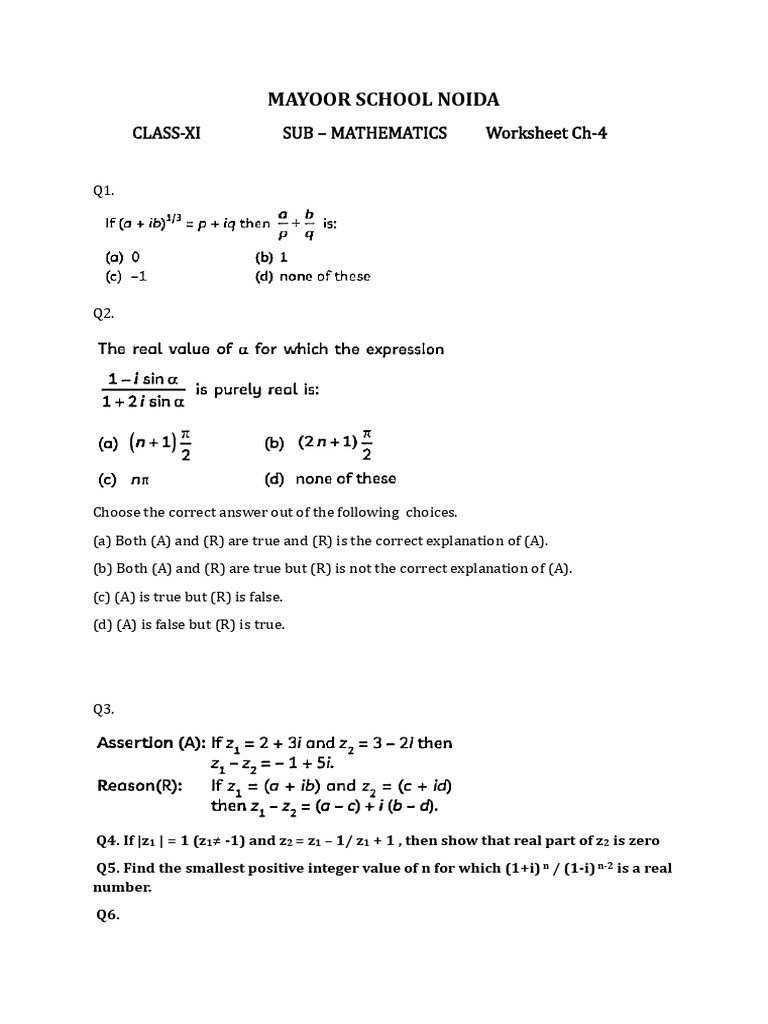 Mayoor School Noida: Class-Xi Sub - Mathematics Worksheet Ch-4 | PDF