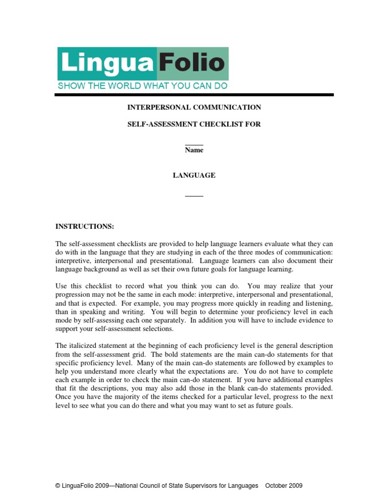 Interpersonal Communication Self-Assessment Checklist For | PDF ...