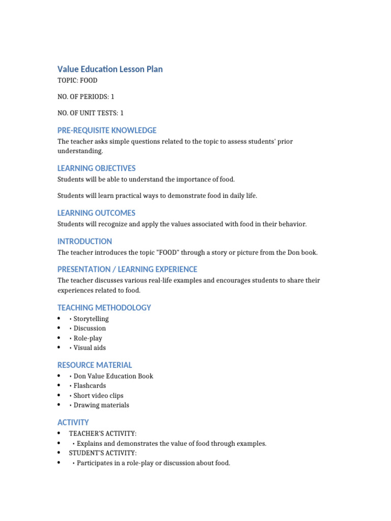 Food Grade1 Lesson Plan | PDF