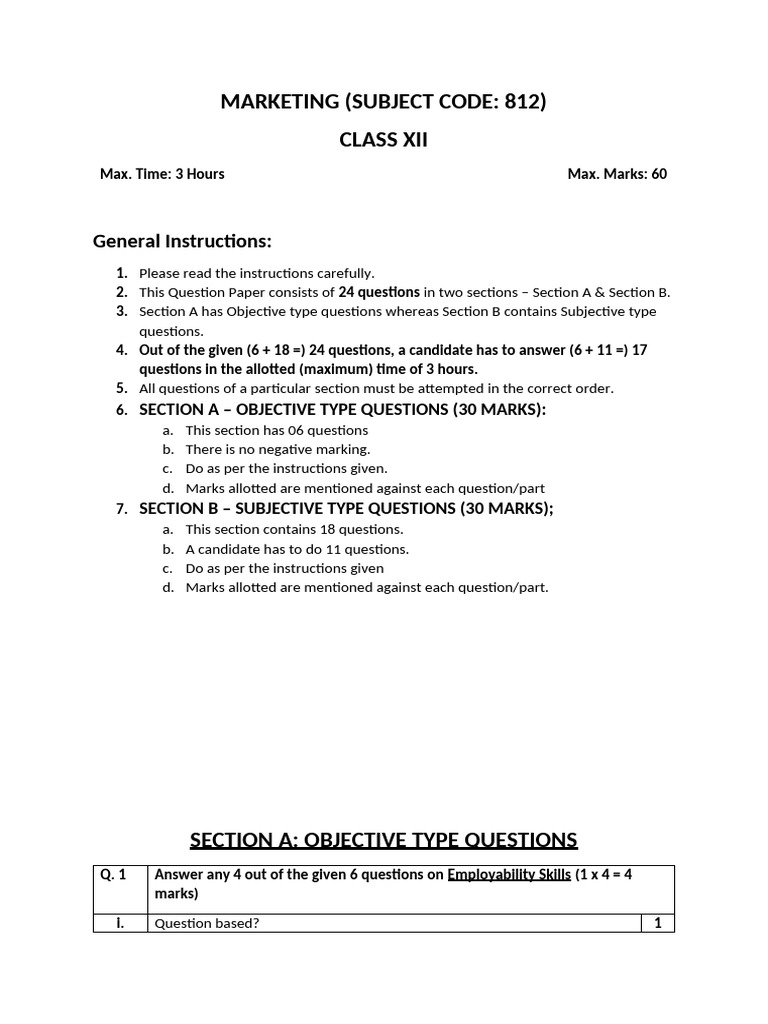 Class XII Marketing Exam Format | PDF | Multiple Choice | Chess Theory