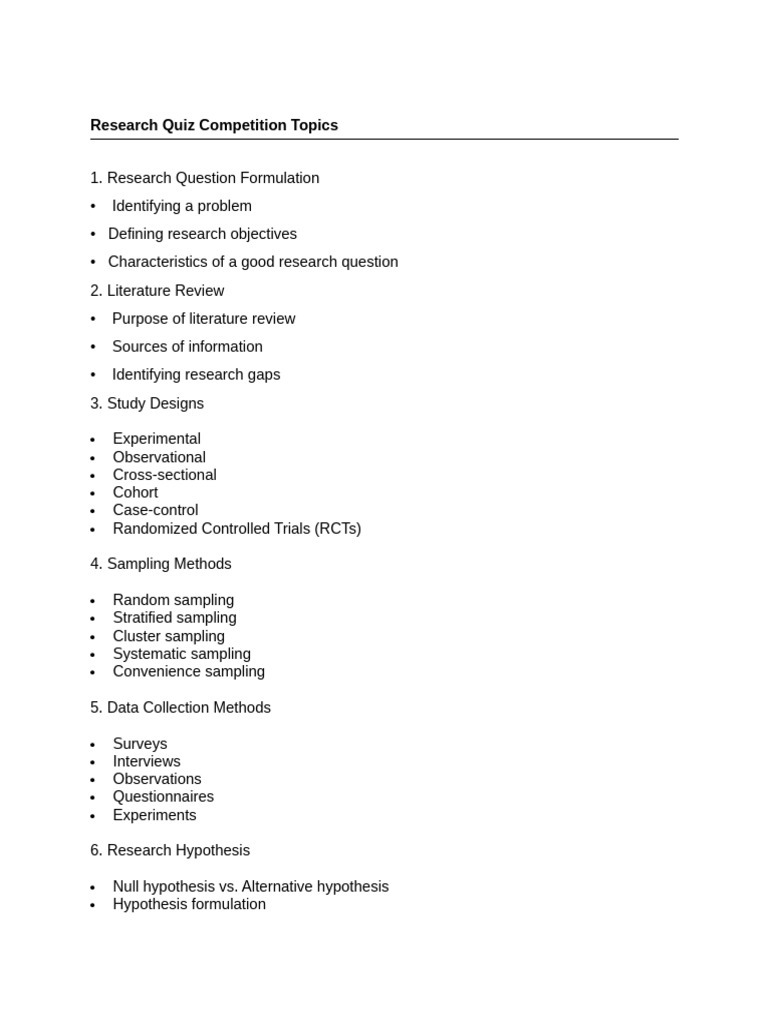 Research Quiz Competition Topics | PDF