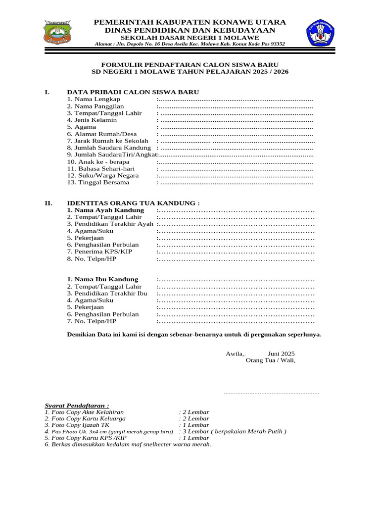 Formulir Siswa Baru 2025 | PDF