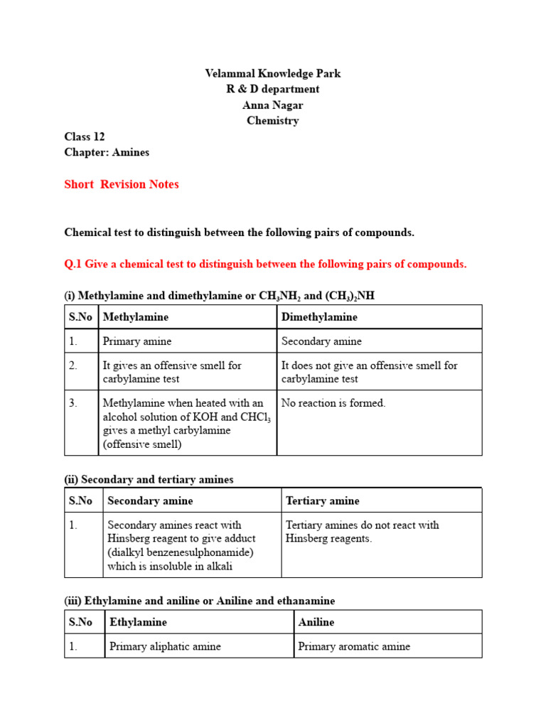 Revision Notes on Amines for Class 12 | PDF | Amine | Molecules