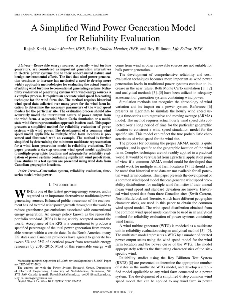 Simplified Wind Power Reliability Model | PDF | Wind Power ...