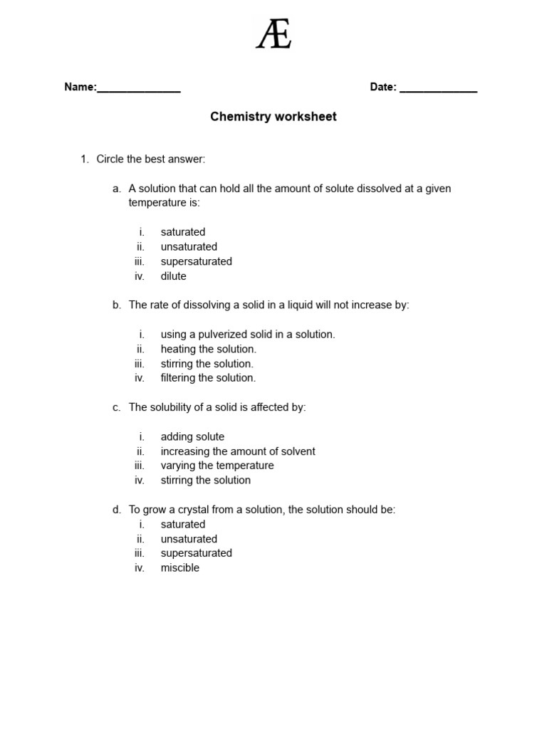Chemistry Solubility Worksheet | PDF