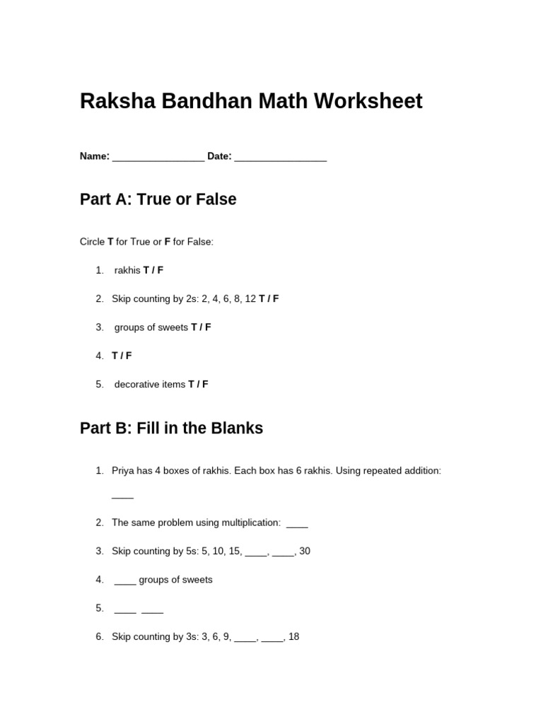 Raksha Bandhan Math Worksheet - Grade 3 | PDF