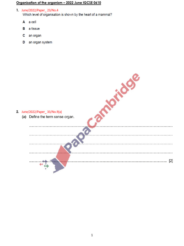 2022J Organisation of The Organism IGCSE 0610 Stru | PDF