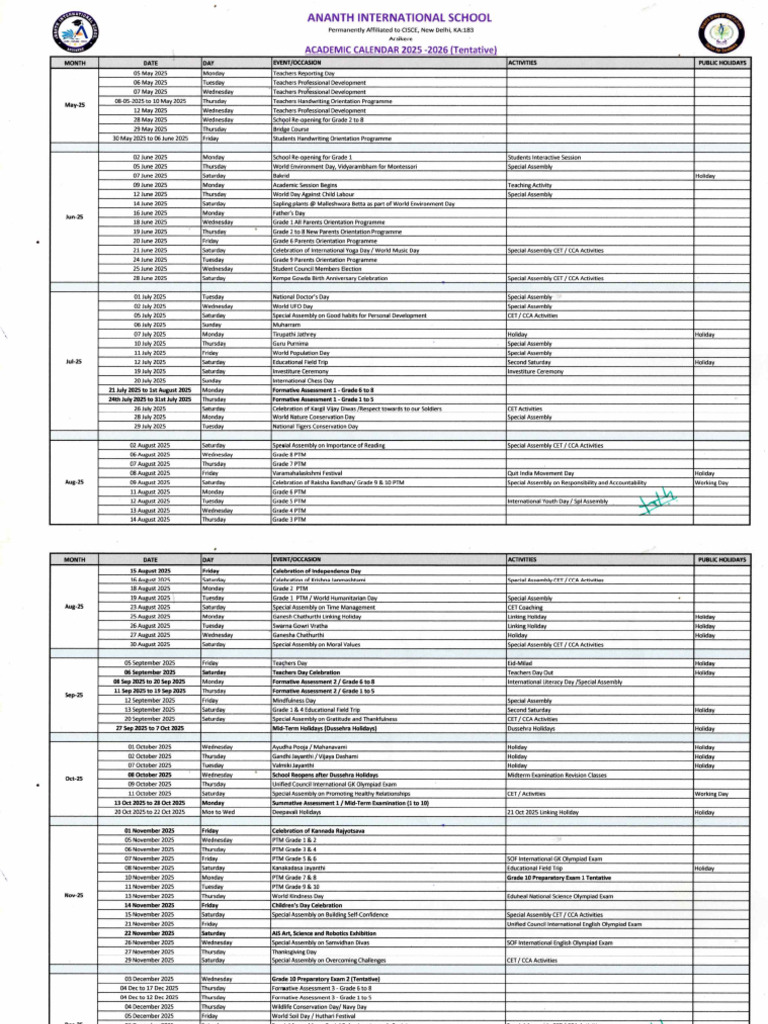 AIS Academic Calendar 2025-26 | PDF