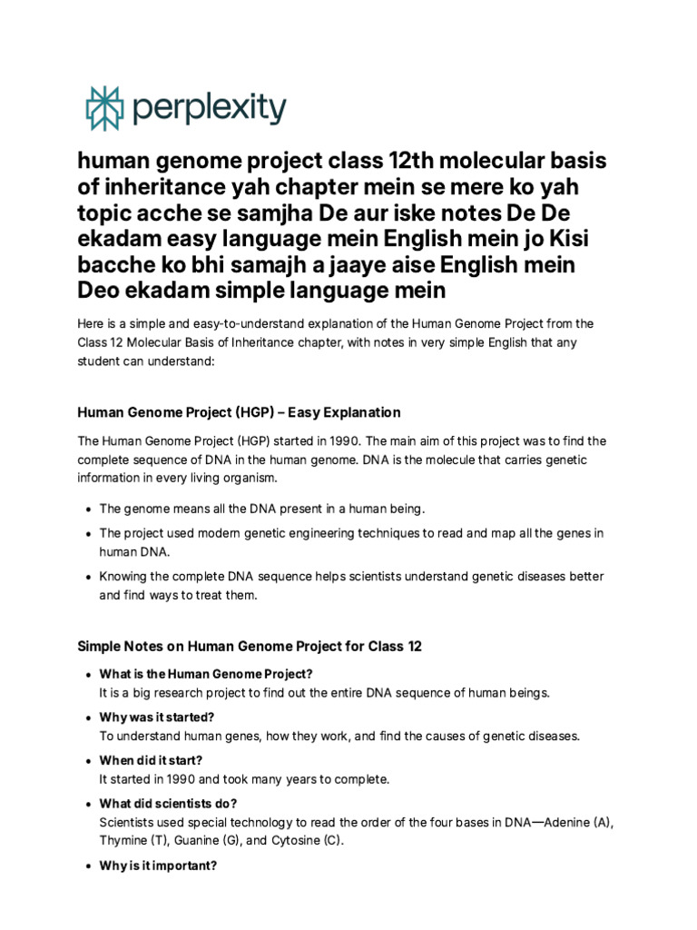 Simple HGP Notes for Class 12 Biology | PDF | Molecular Genetics | Dna