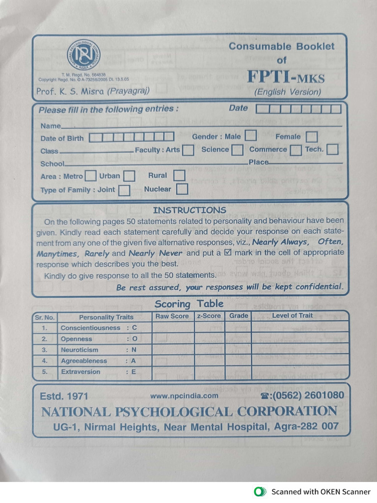 Five Personality Trait Inventory | PDF
