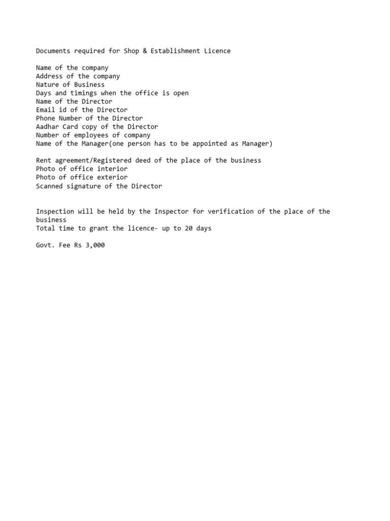 Docs Reqd For Shop & Est Licence | PDF