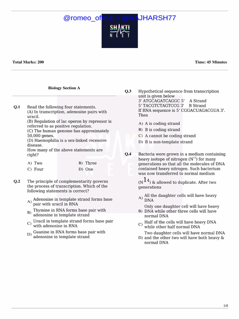 Short Test For NEET Preparation 01 SHAKTI SHORT TEST 01 | PDF