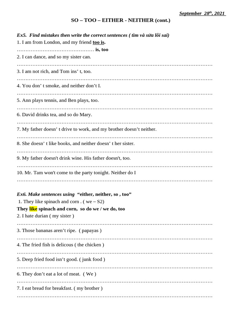 10 Either Neither So Too HW 28.9 | PDF | Foods | Cuisine