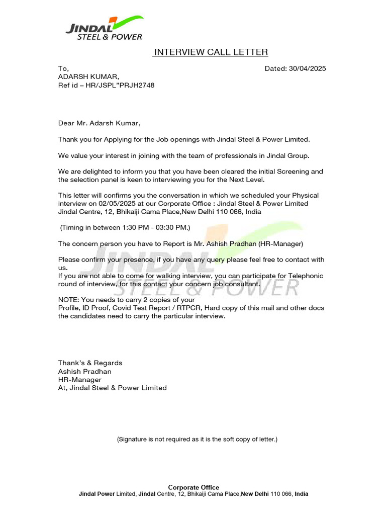 Jindal Steel Interview Call Letter | PDF