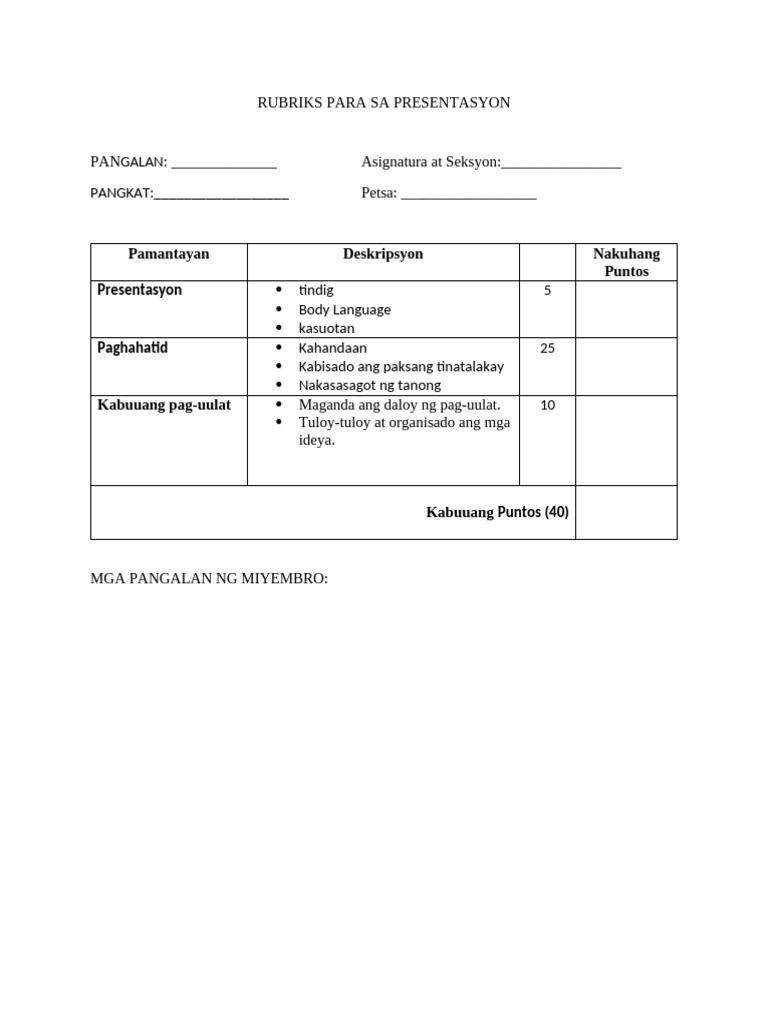 Rubriks para Sa Presentasyon | PDF