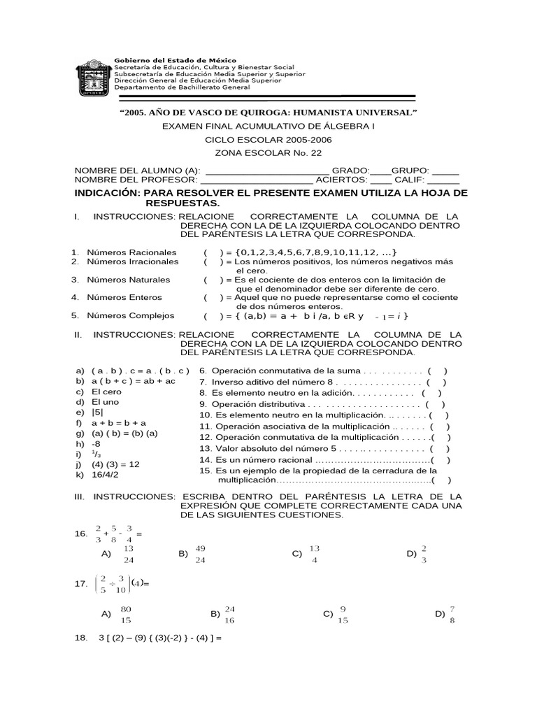 Examen de Álgebra I: Instrucciones y Ejercicios | PDF | Números ...
