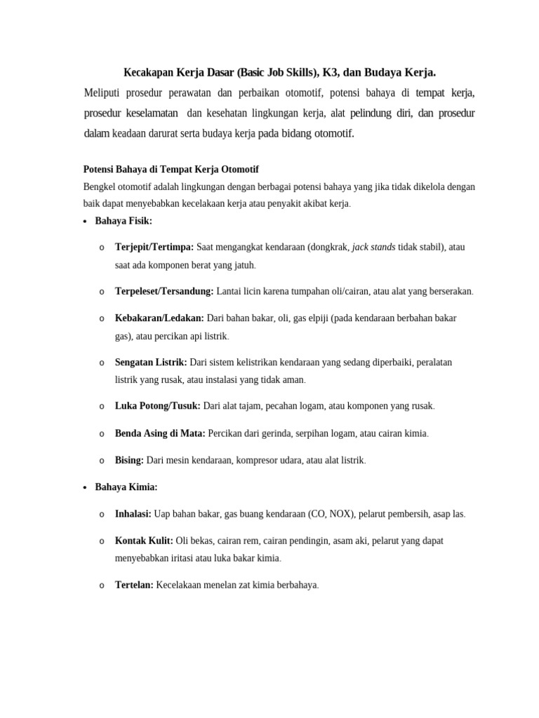 Kecakapan Kerja Dasar (Basic Job Skills), K3, Dan Budaya Kerja. Modul | PDF