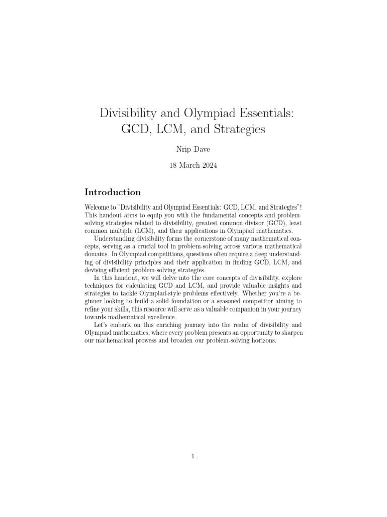 Divisibility and Olympiad Essentials GCD LCM, and Strategies | PDF | Arithmetic | Elementary ...