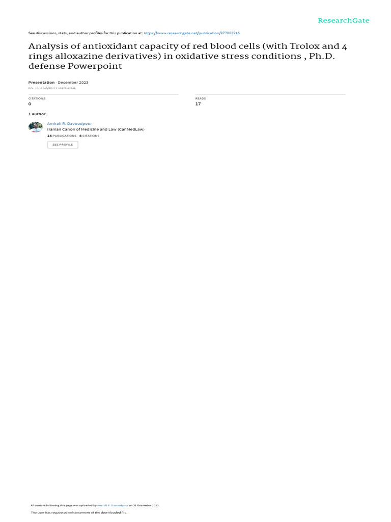 PH D Defense-Powerpoint | PDF | Red Blood Cell | Reactive Oxygen Species