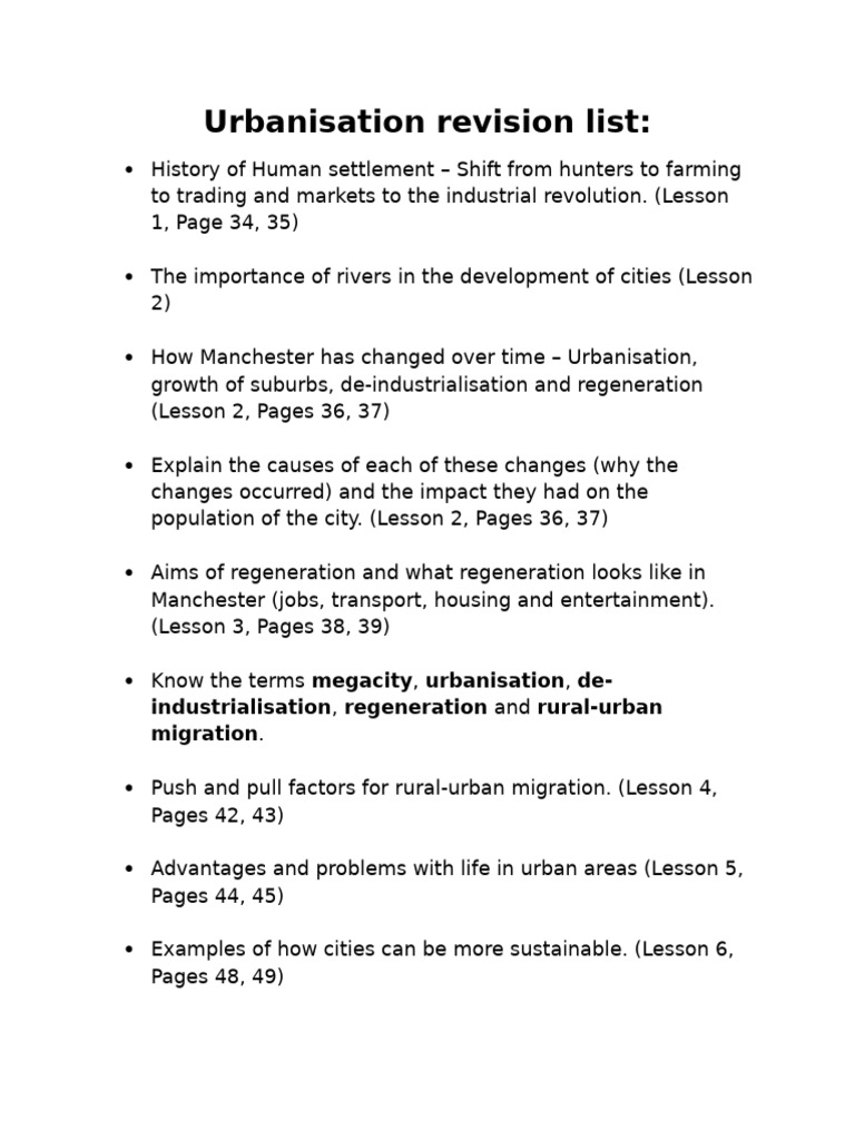Urbanisation Revision Topics Year 8 Geography | PDF