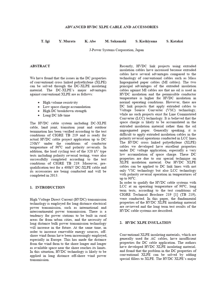 Advanced HVDC Xlpe Cable and Accessories | PDF | High Voltage Direct ...