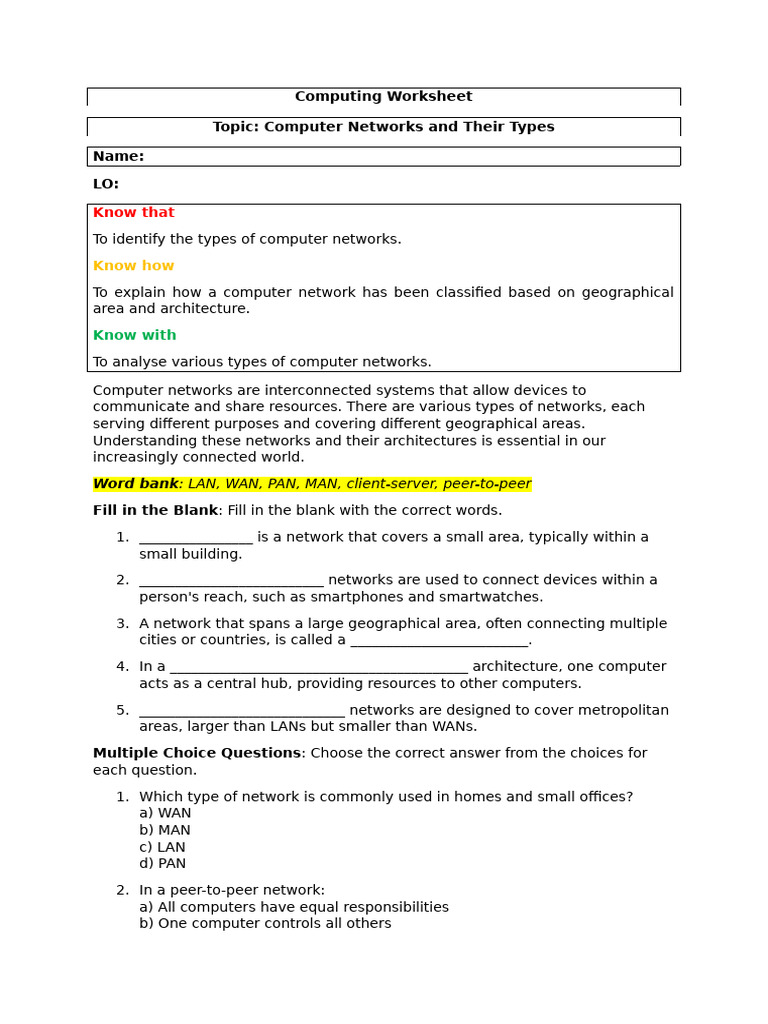 Worksheet Lesson3 Types of Networks | PDF | Computer Network | Client ...