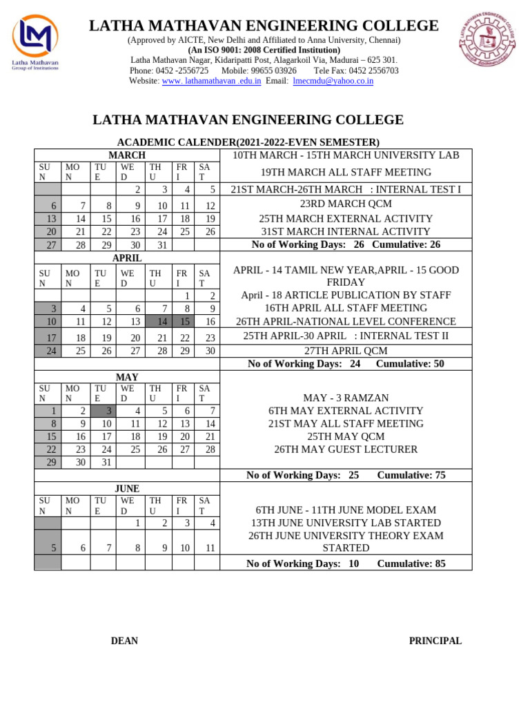 Latha Mathavan Engineering College Calendar | PDF