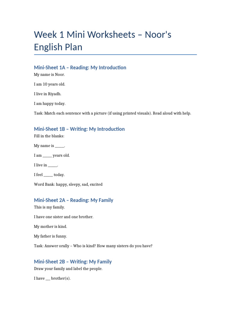 Noor Week1 Mini Worksheets | PDF
