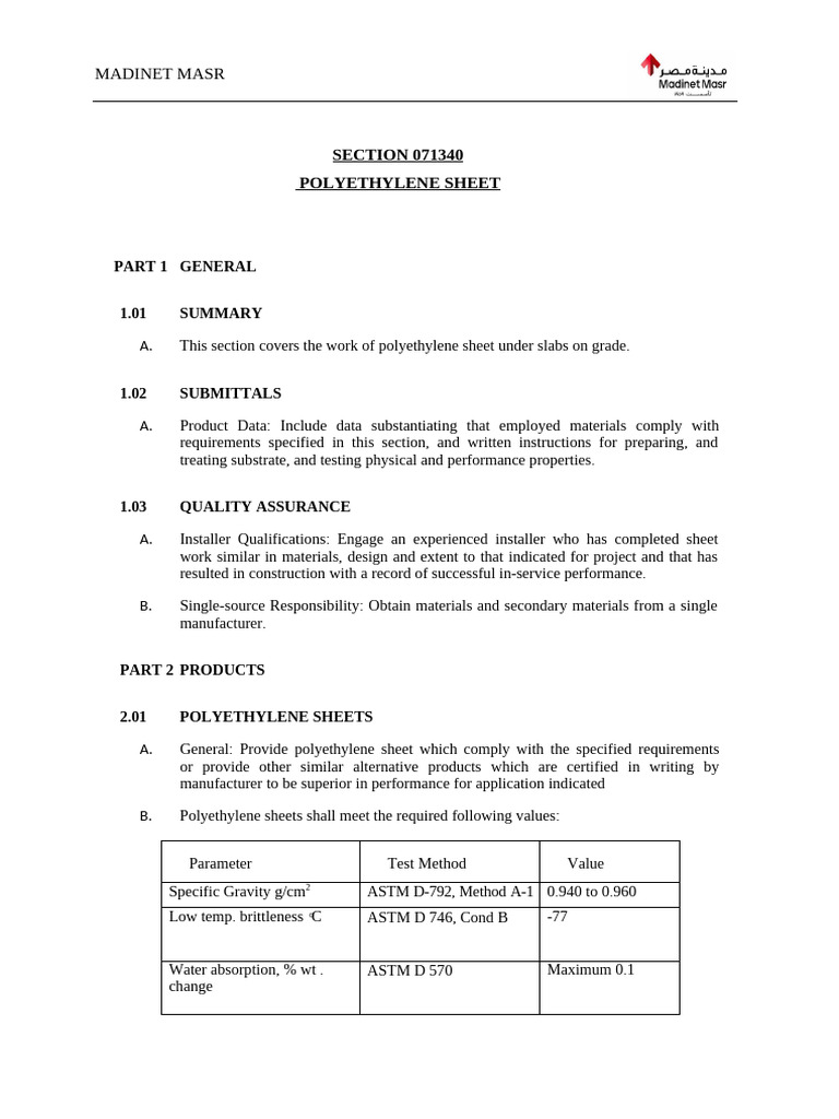 Polyethylene Sheet Specifications Guide | PDF
