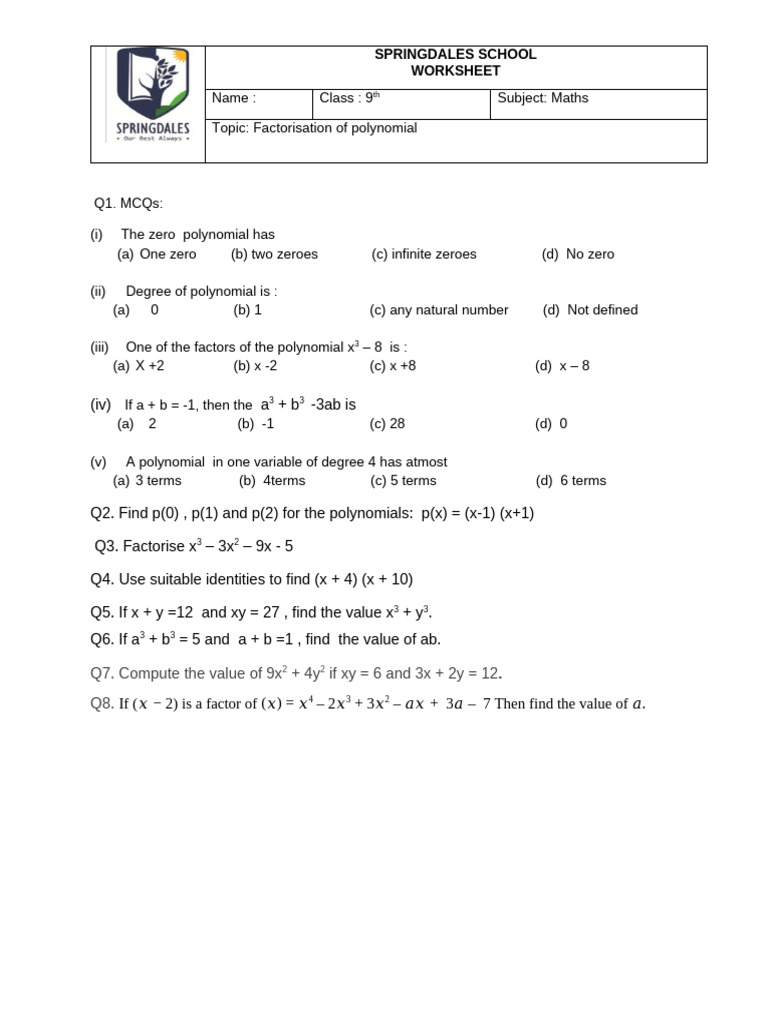 Worksheet of Factorisation of Polynomial Class 9th | PDF