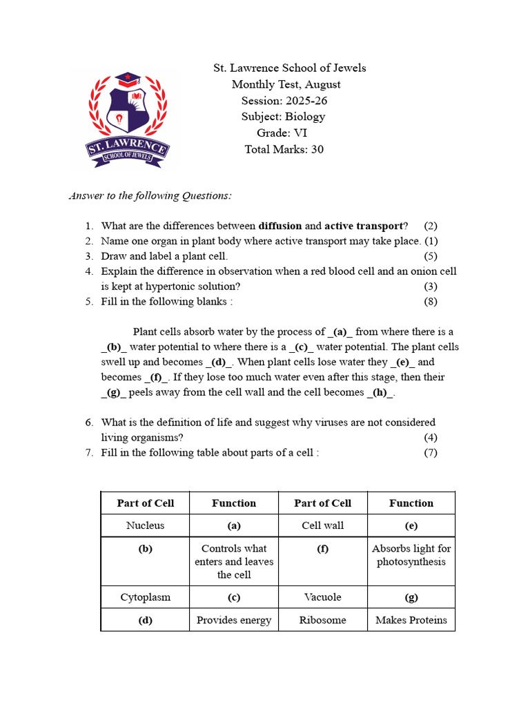 VI Biology Monthly Test - August 2025-26 | PDF