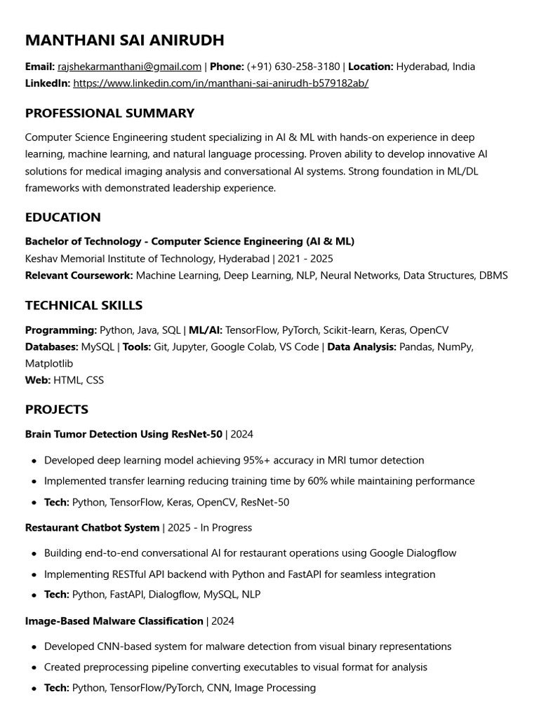 Resume - Manthani Sai Anirudh | PDF | Artificial Intelligence | Intelligence (AI) & Semantics