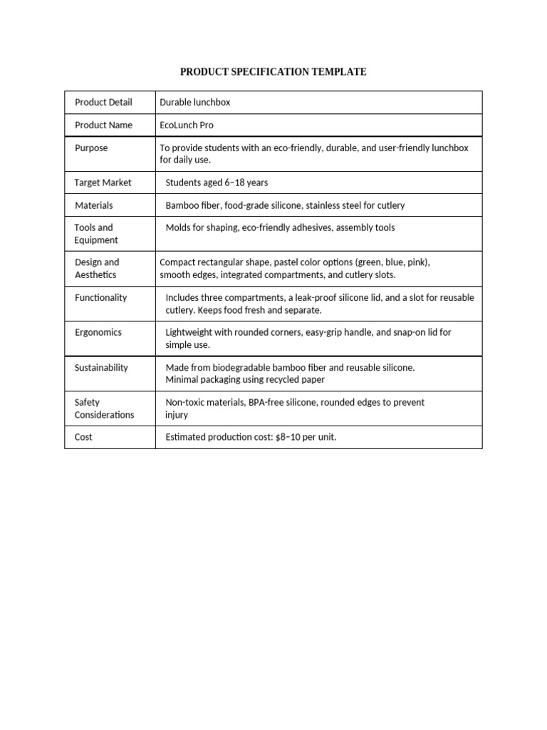 Product Specification Template | PDF