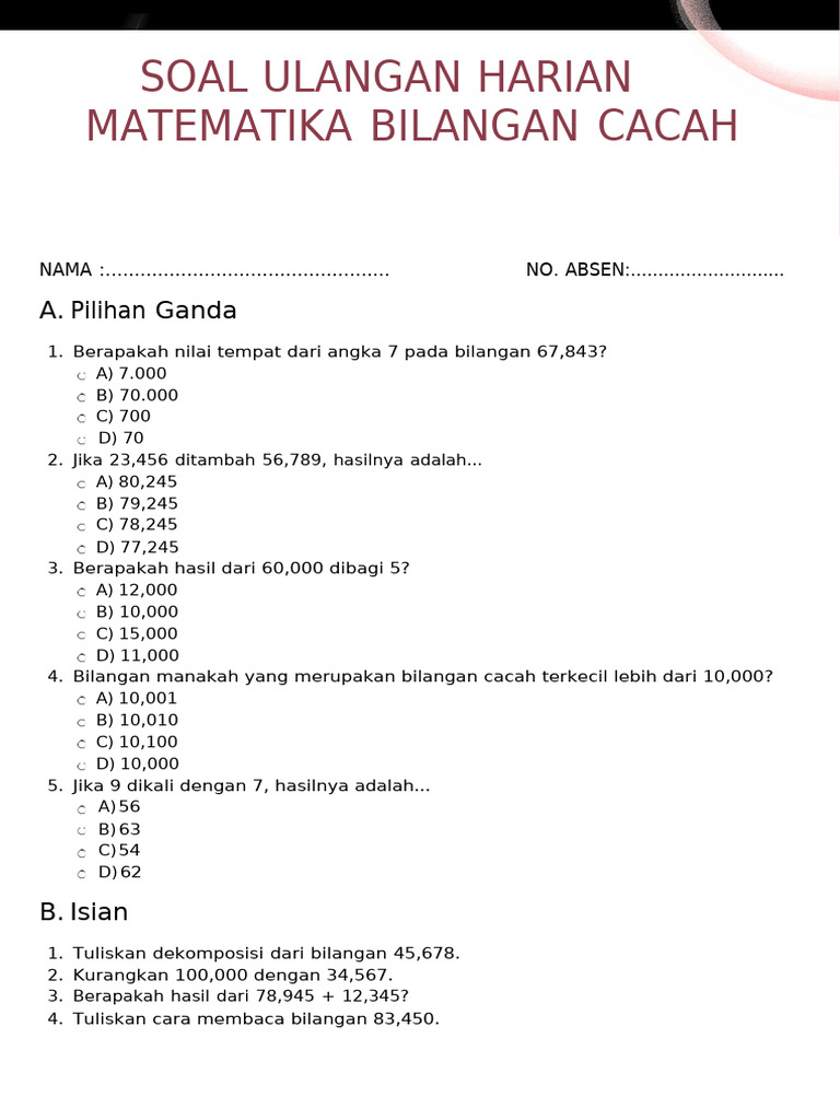 Soal Ulangan Harian Matematika Cacah | PDF