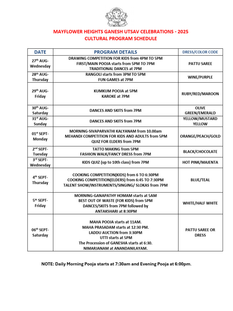 May Flower Heigths Vinayaka Chavithi Events Schedule 2025 | PDF | Color