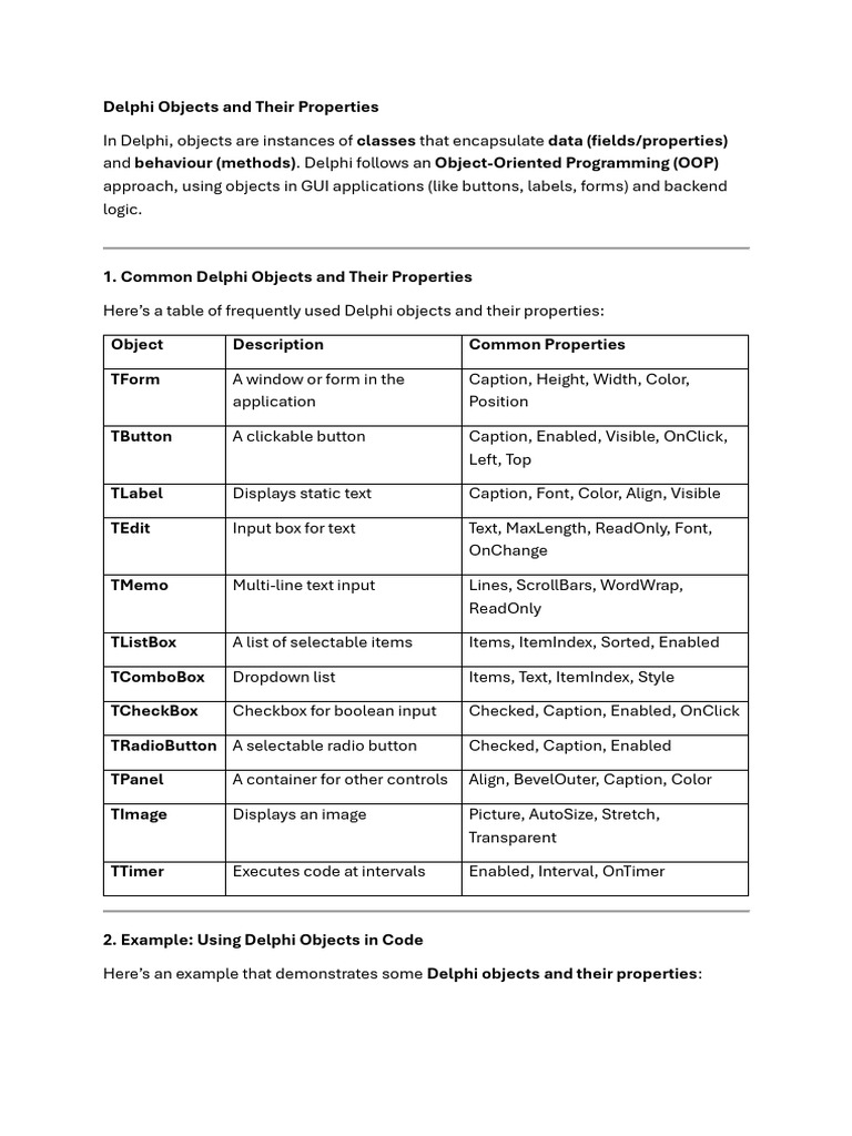 Delphi Objects And Their Properties Pdf Button Computing Object
