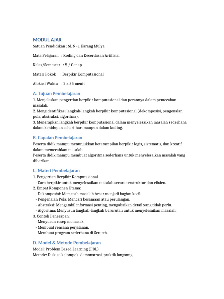 Modul Ajar Koding Berpikir Komputasional Kelas5 | PDF