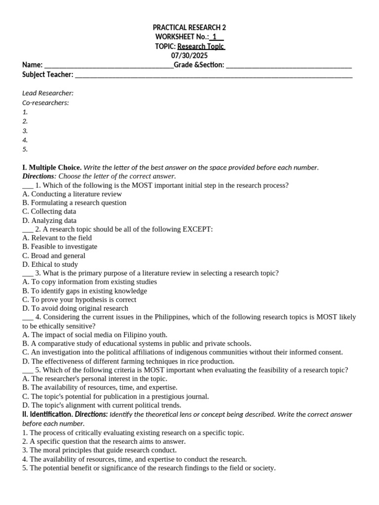 Research Topic Worksheet for Students | PDF | Inquiry | Methodology