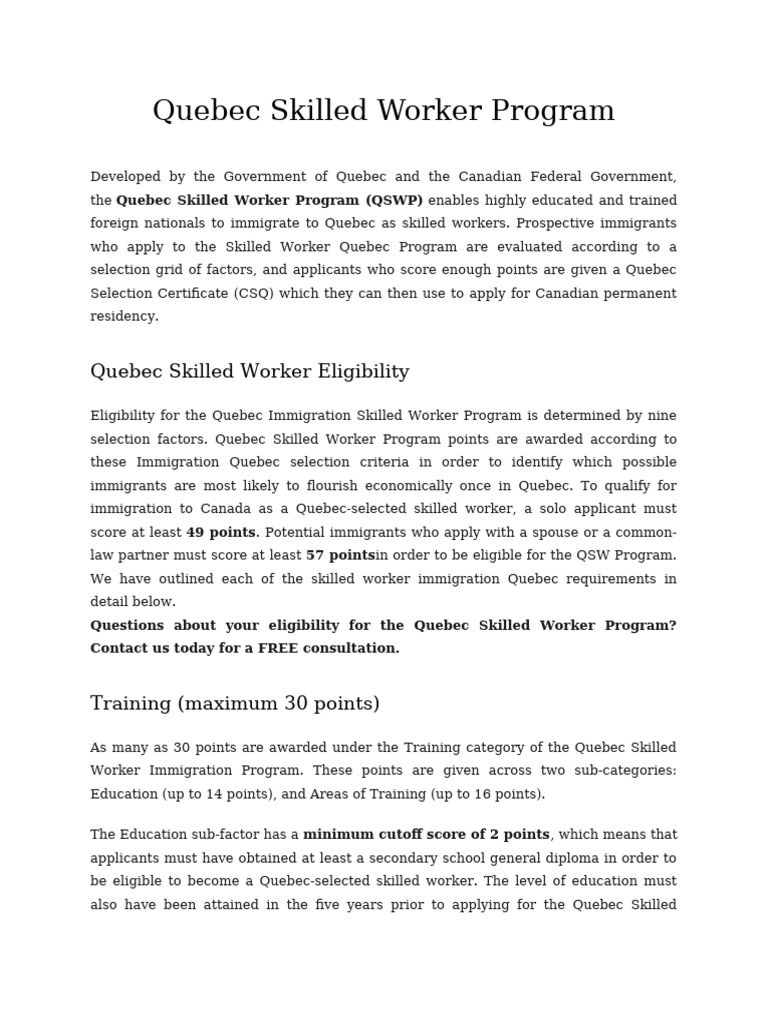 Quebec Skilled Worker Program Overview | PDF | Academic Degree ...