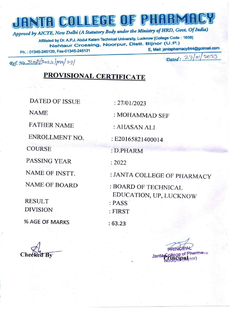 D Pharma Certificate 114804 | PDF