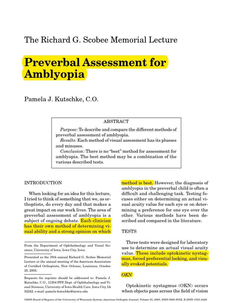 Preverbal Assessment For Amblyopia | PDF | Visual Acuity | Eye