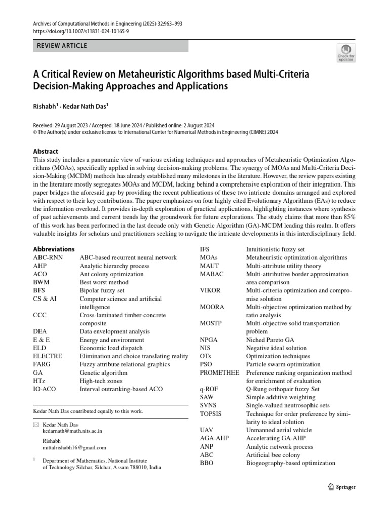 A Critical Review On Metaheuristic Algorithms Based Multi Criteria ...