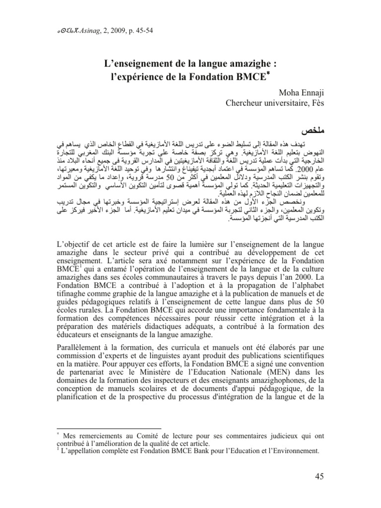 Moha Ennaji Enseignement de La Langue Amazighe L Experience de La ...
