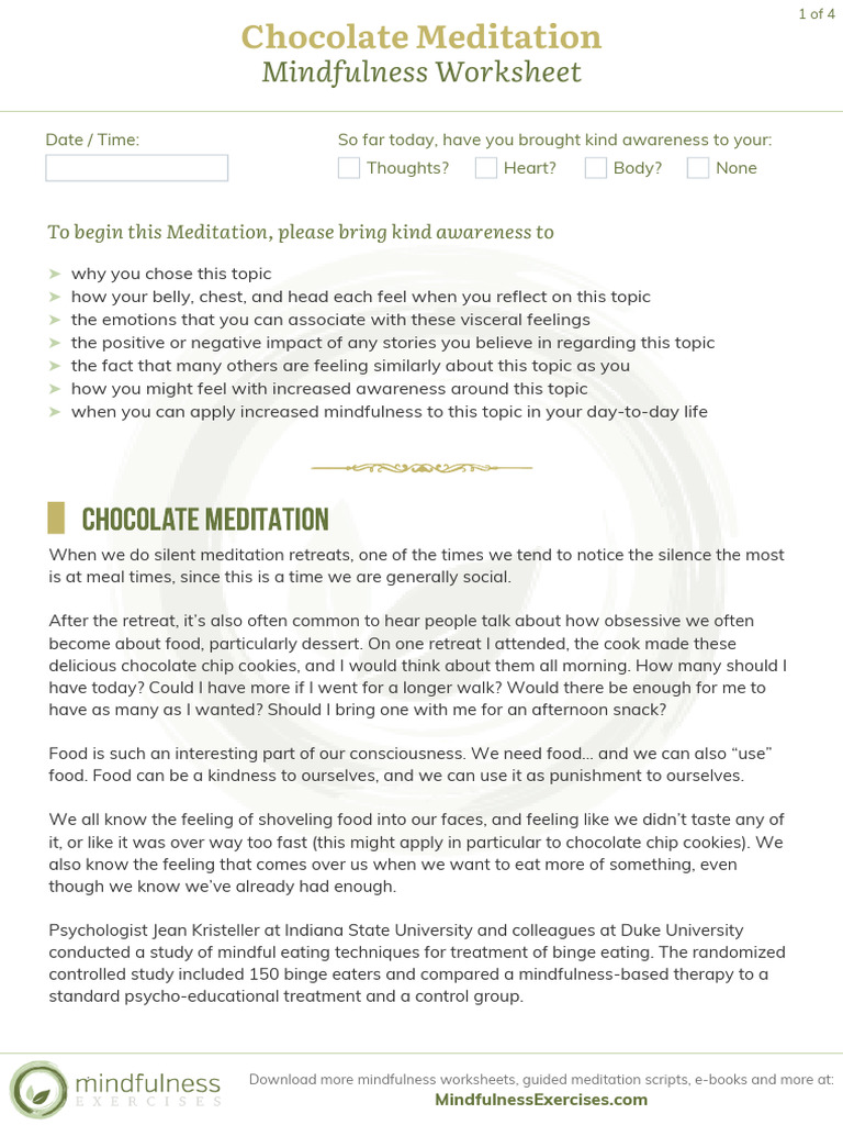 Chocolate Meditation Worksheet | PDF | Mindfulness | Feeling
