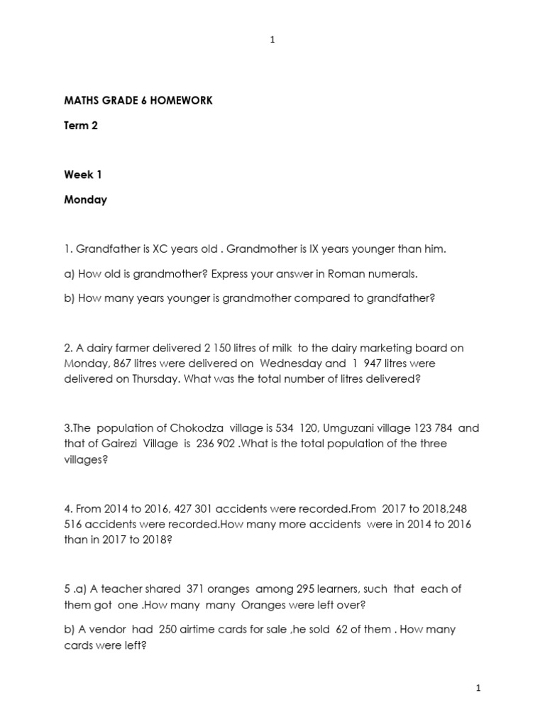 Grade 6 Maths Homework: Term 2, Week 1 | PDF | Nutrients | Seed