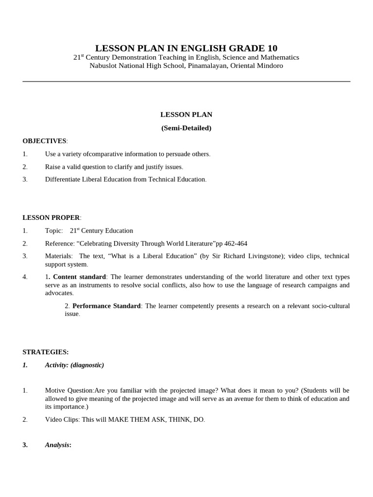 Grade 10 English Lesson Plan: 21st Century Education | PDF | Lesson ...