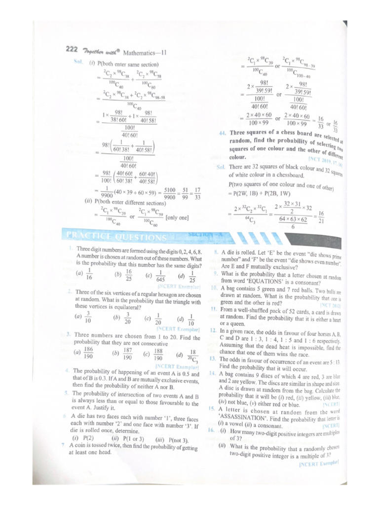 Probability Class 11 Worksheet | PDF