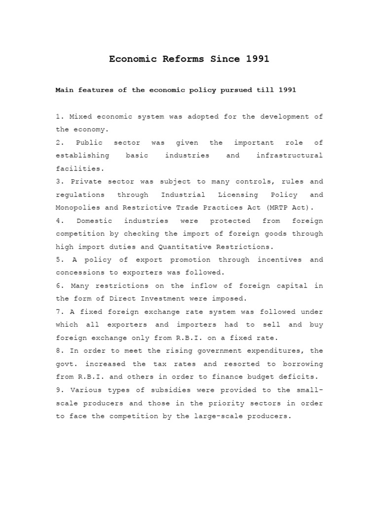 Overview of India's Economic Reforms 1991 | PDF | World Trade ...