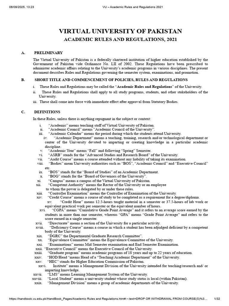 VU - Academic Rules and Regulations 2021 | PDF | Academic Term | Course Credit